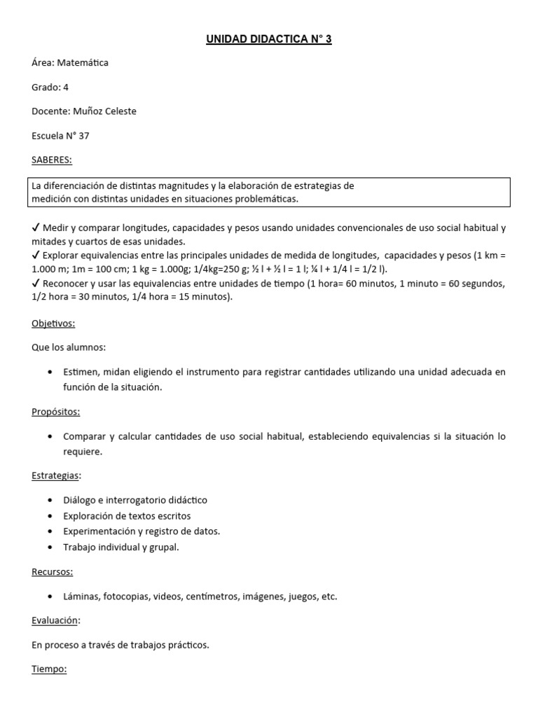 Medidas y Equivalencias en Matemática 4° | PDF | Medición | Calendario