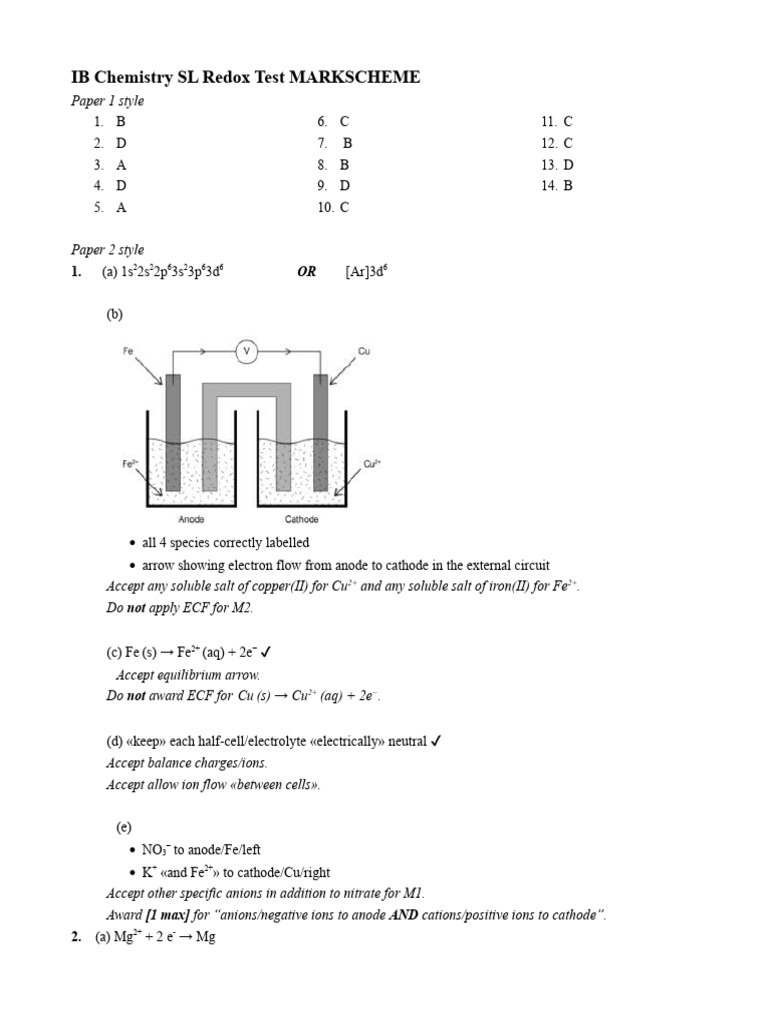 IB Chemistry SL Redox Test Mark Scheme | PDF | Redox | Cathode