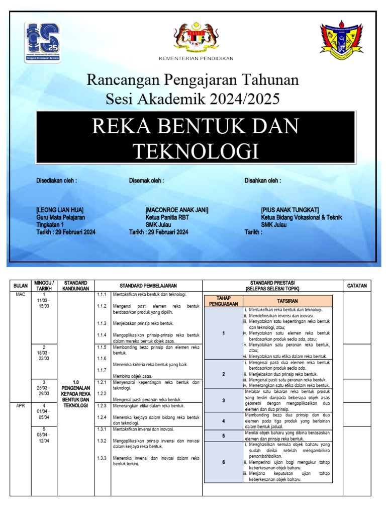 RPT RBT Tingkatan 1 2024-2025 | PDF