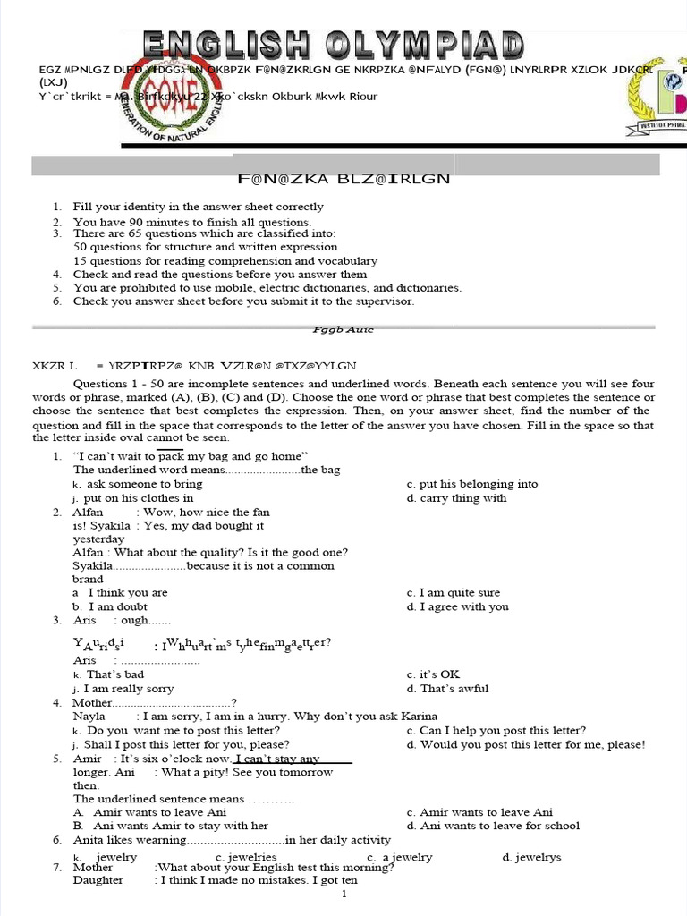 Pdf Soal Olimpiade Bahasa Inggris Smp Download Free Pdf American