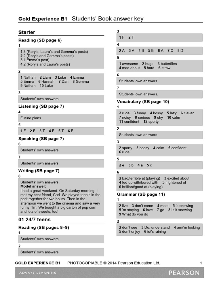 B1 SB Full Answer Key | PDF