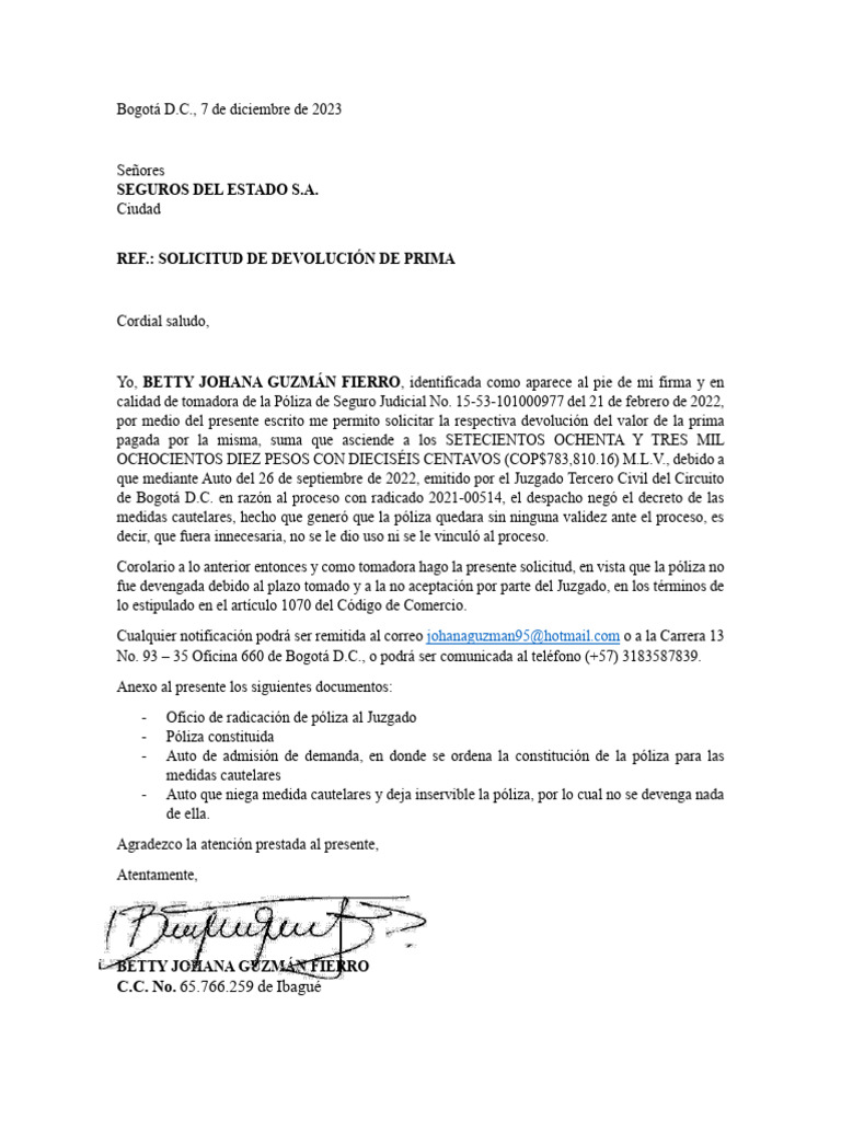 Solicitud de Devolución de Prima - Seguros Del Estado | PDF