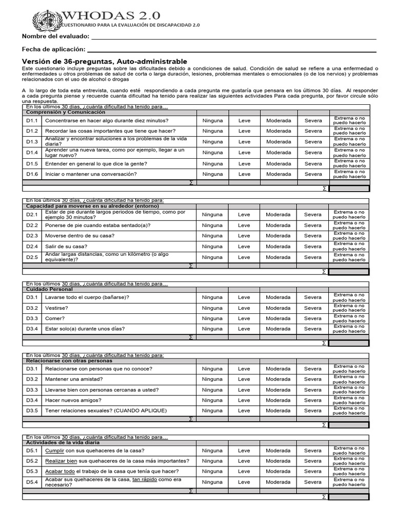 WHODAS Formato de Autoaplicación | PDF | Cuestionario | Sicología
