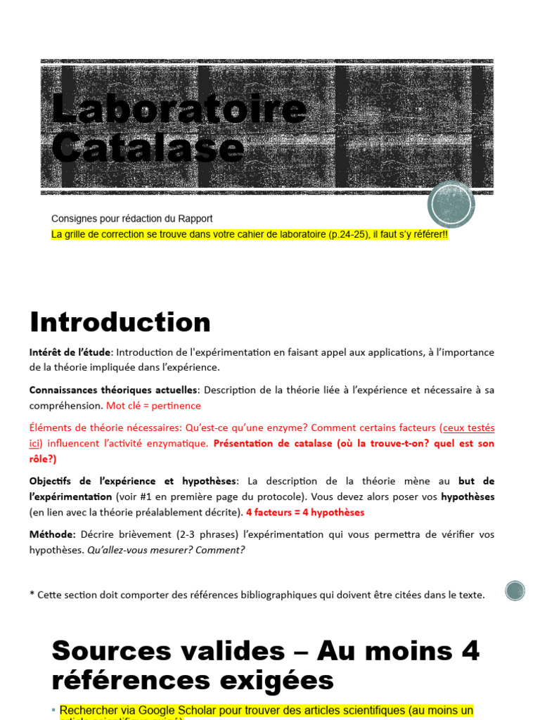 Consigne Rapport Laboratoire Catalase | PDF | Expérience | Expérience