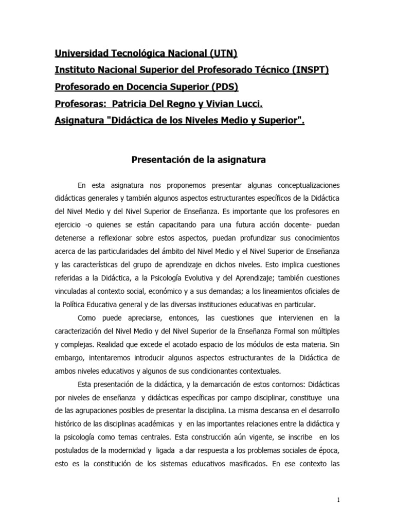 INSPT-UTN Modulo 1 Didactica - Campus Virtual | Descargar gratis PDF | Enseñando | Maestros