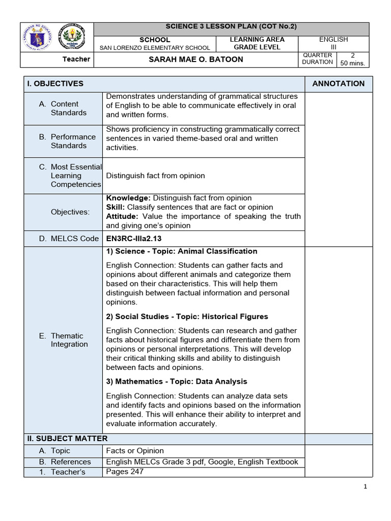 Grade 3 English Lesson: Facts vs Opinions | PDF | Lesson Plan | Learning
