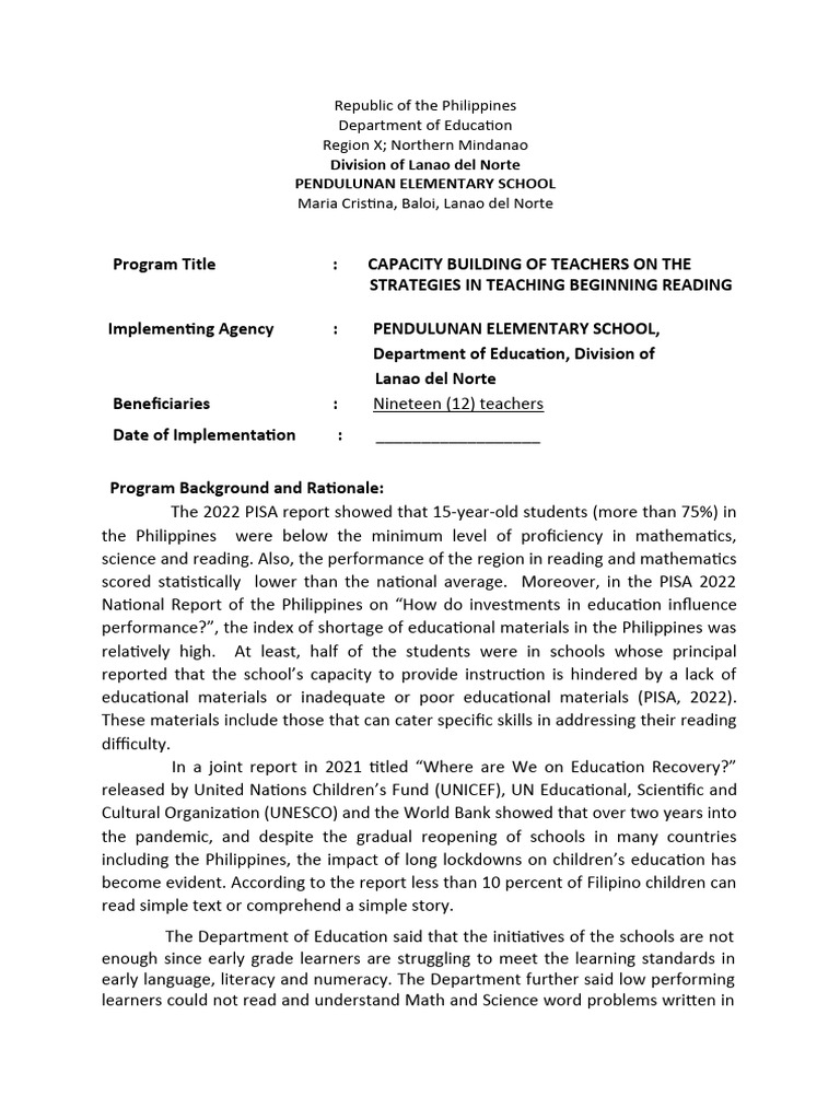 ERK-TRAINING-PROPOSAL | PDF | Literacy | Reading Comprehension