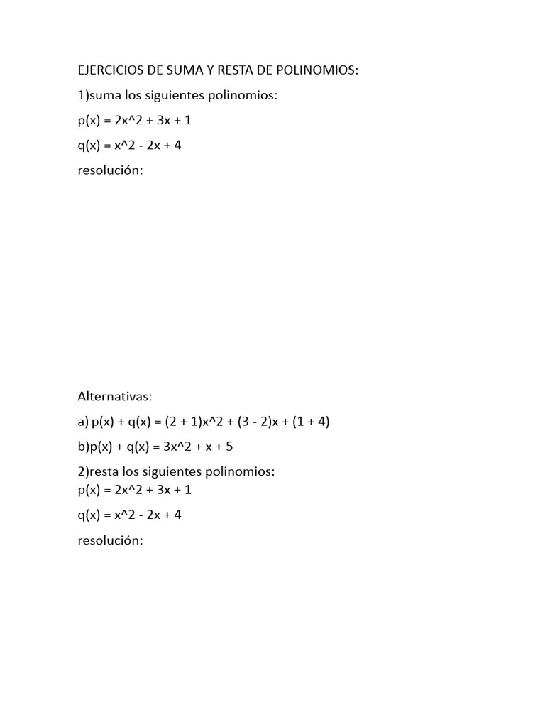 Ejercicios de Suma y Resta de Polinomios | PDF | Ciencia y matemáticas ...