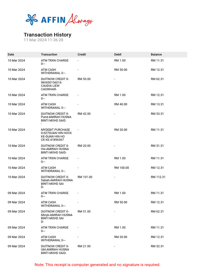 Transaction History | PDF | Credit Card | Automated Teller Machine