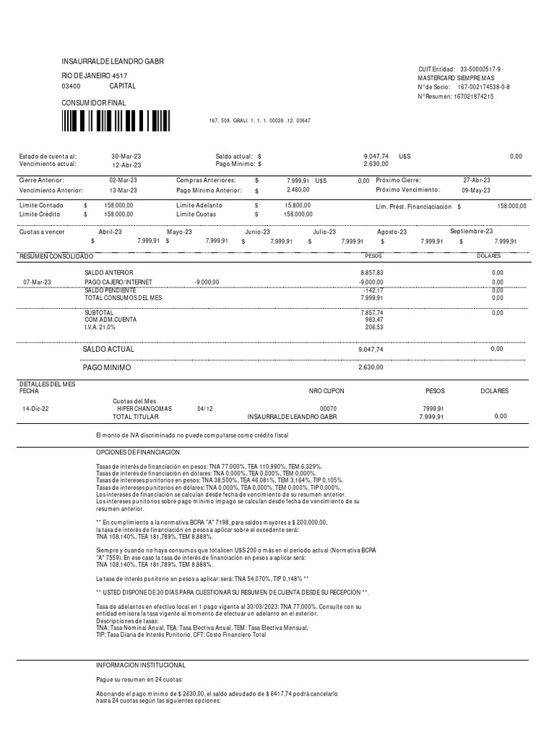 Resumen de Cuenta MasterCard Abril 2023 | PDF | Tarjeta de crédito | Bancos