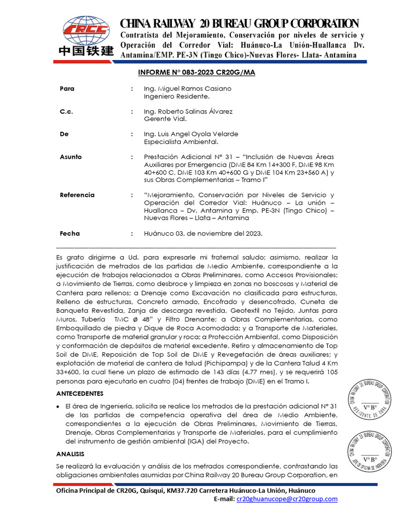 INFORME #083-2023 Informe Prestación Adicional 31 - DMEs Emergencia PQT 3 | PDF | ruido | La ...