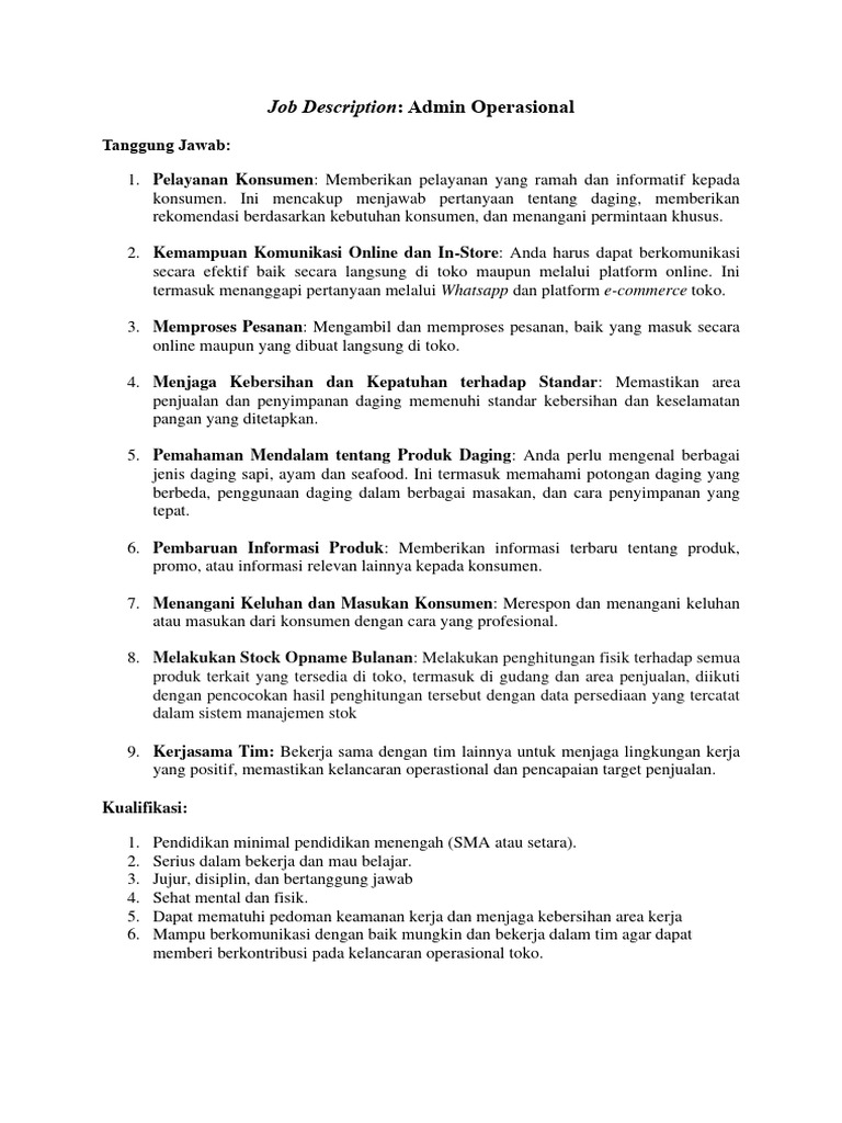 Jobdesc - Admin Operasional Feb 2024 - Palembang | PDF