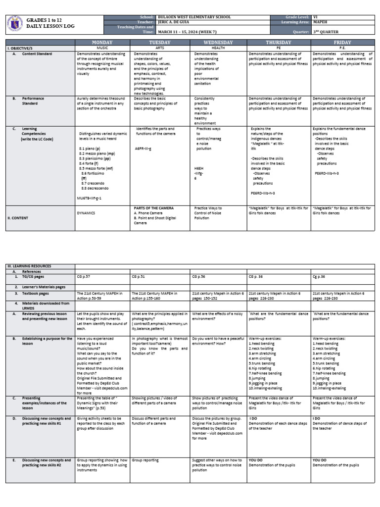 DLL - Mapeh 6 - Q3 - W7 | PDF | Physical Education