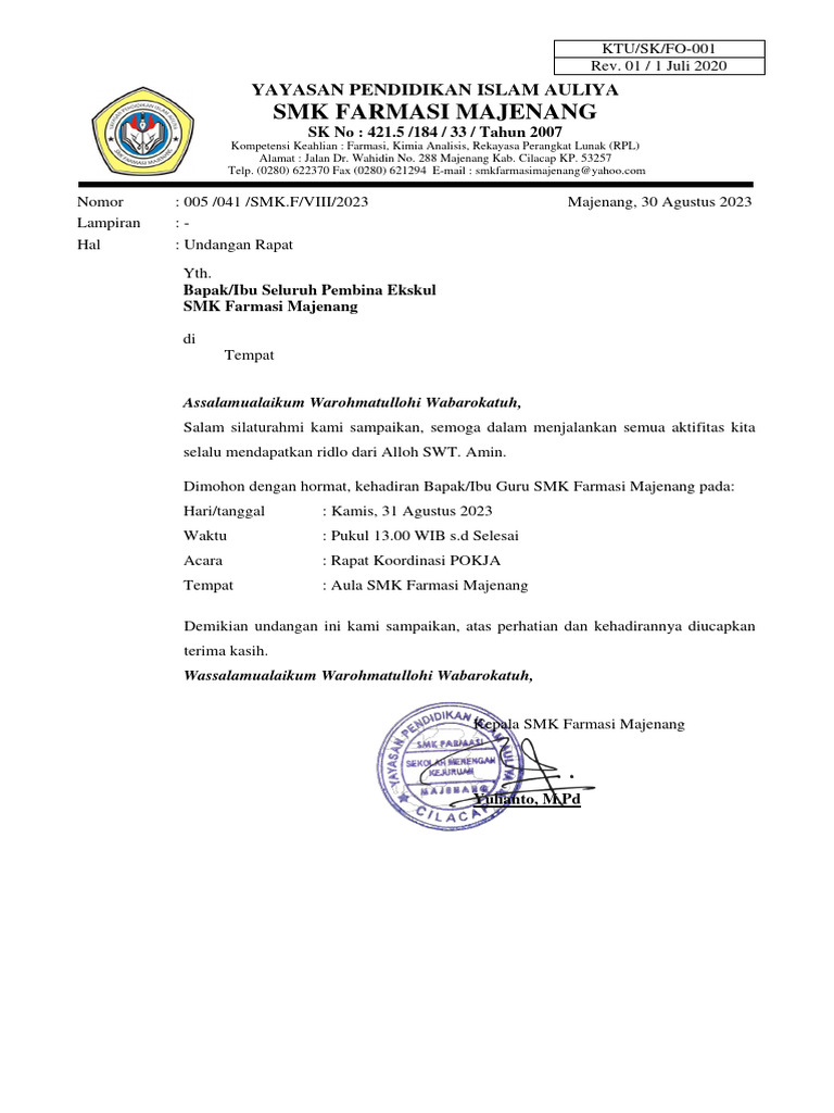 041 Surat Undangan Rapat Pokja Seluruh Pembina Ekskul | PDF