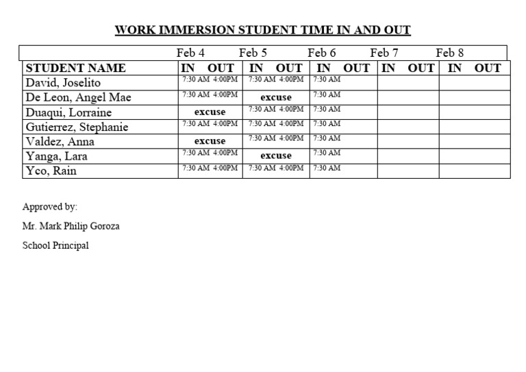 Work Immersion Student Time in and Out | PDF