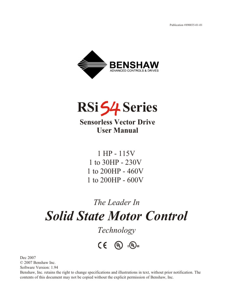 Benshaw RSi S4 Drive User Manual | PDF | Technical Support | Power Inverter