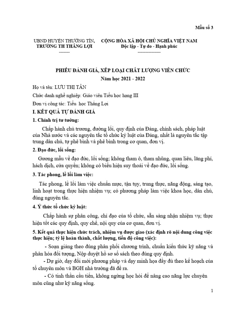 MAU SO 3 - Phieu Danh Gia Va Xep Loai Vien Chuc | PDF
