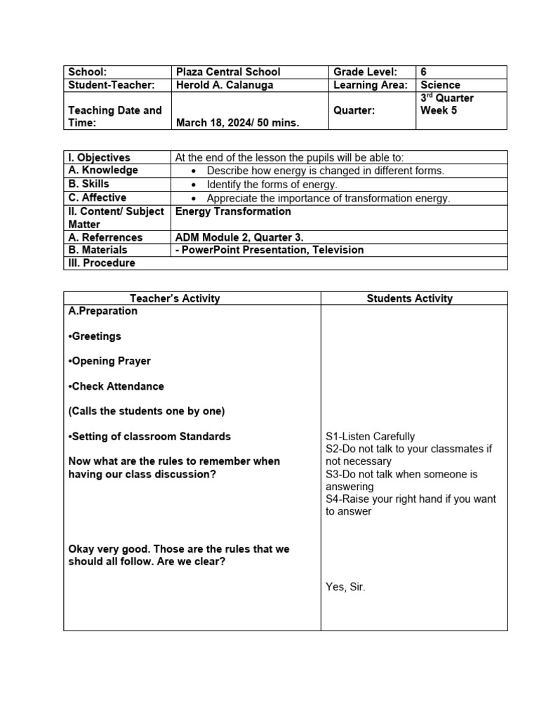 Energy Transformation Lesson Plan | PDF | Kinetic Energy | Physical ...
