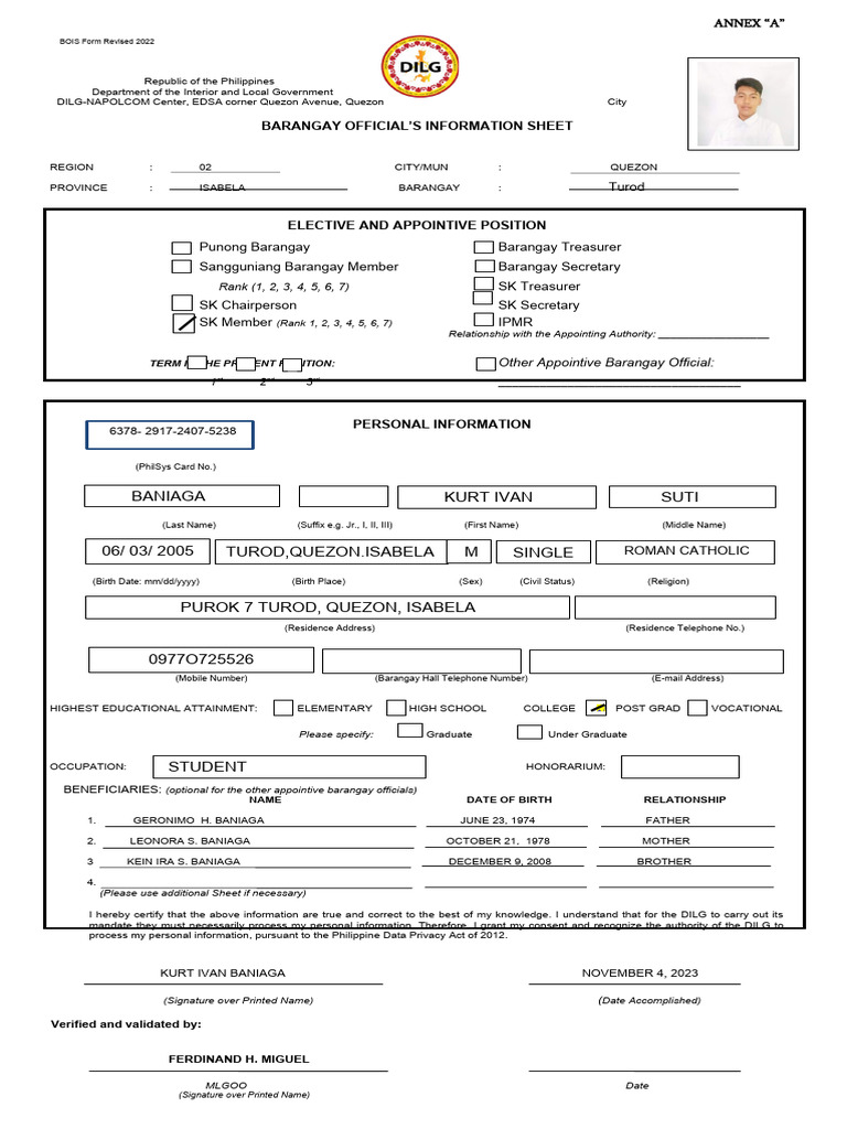 Revised Annex A BOIS FORM - Revised 2022 | PDF | Philippines