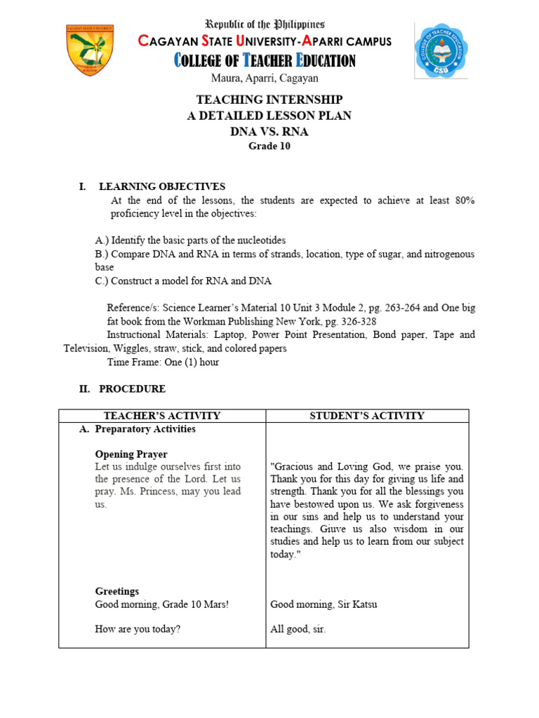 Lesson Plan For Dna vs. Rna | PDF | Dna | Rna