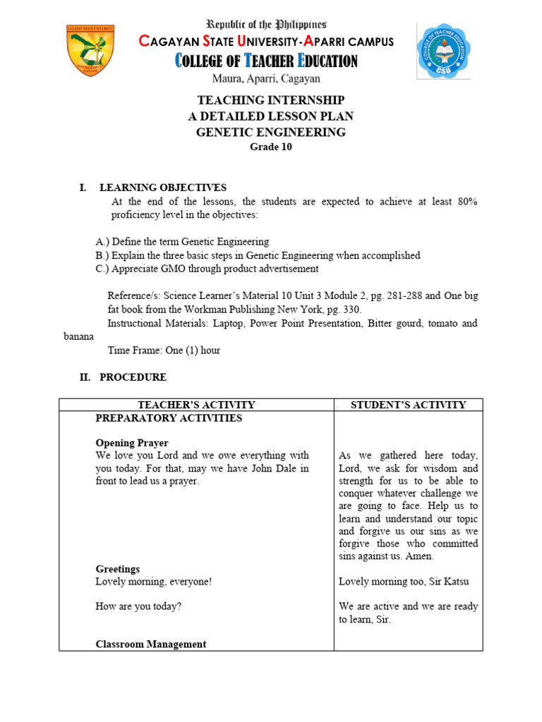 Genetic Engineering Lesson Plan for 10th Grade | PDF