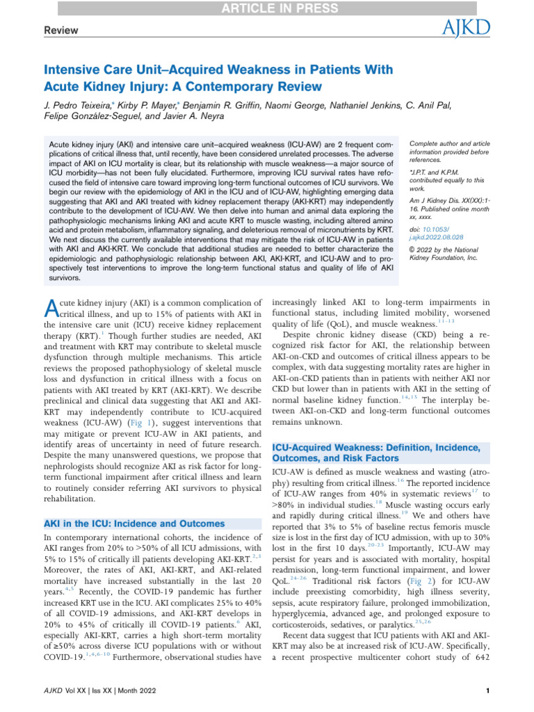 Intensive Care Unit-Acquired Weakness in Patients With Acute Kidney Injury A Contemporary Review ...