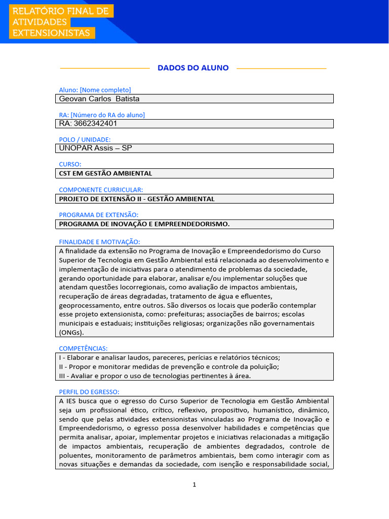 Projeto Extensão - Gestão Ambiental - Geovan | PDF | Saúde mental | Gestão de recursos ambientais