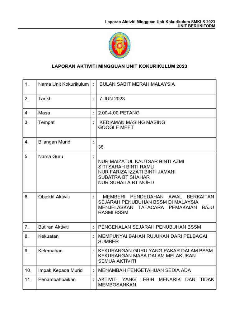 FORMAT LAPORAN UNIT BERUNIFORM 2023 - Copy - Copy (1) | PDF