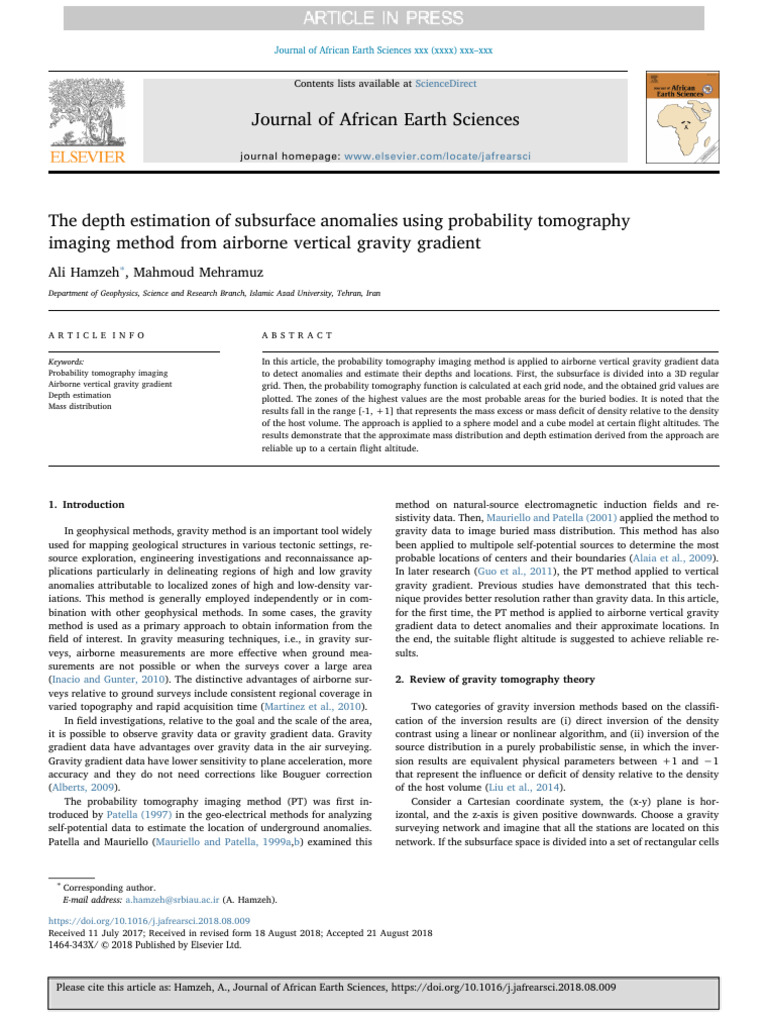 The depth estimation of subsurface anomalies using probability tomography imaging method from ...