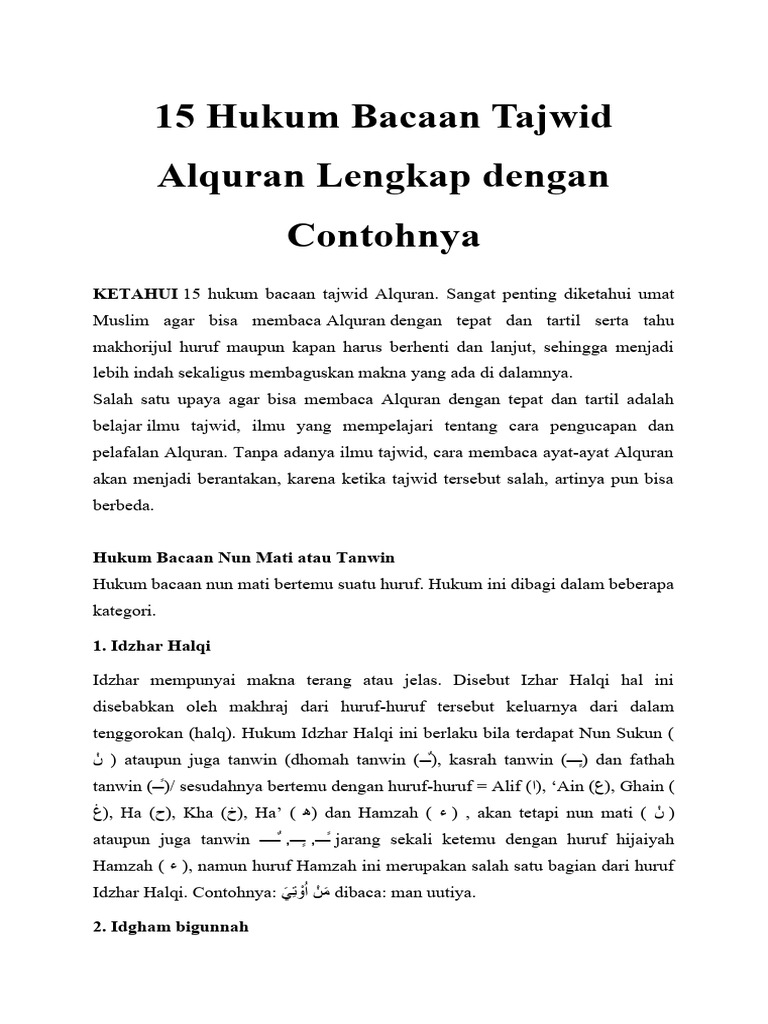 15 Hukum Bacaan Tajwid Alquran Lengkap Dengan Contohnya | PDF | Kajian Bahasa Asing