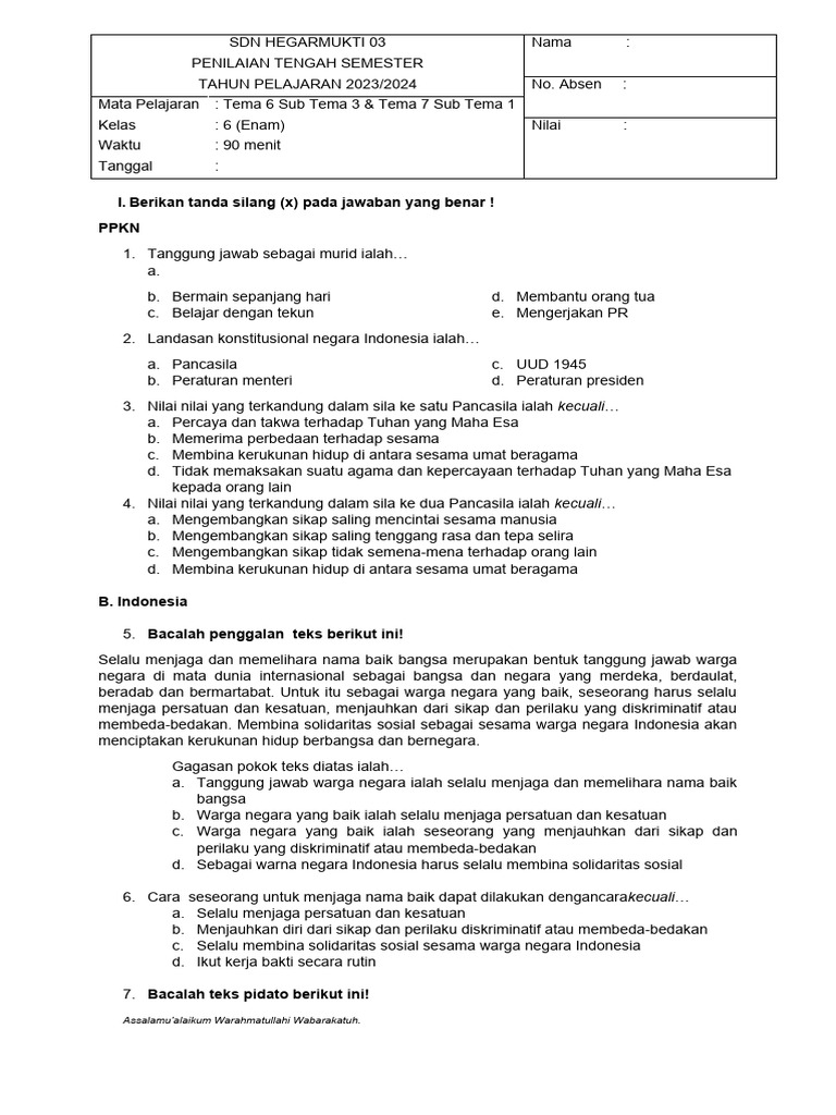 PTS Kelas 6B Tema 6 Sub 3 Dan Tema 7 Sub 1 | PDF