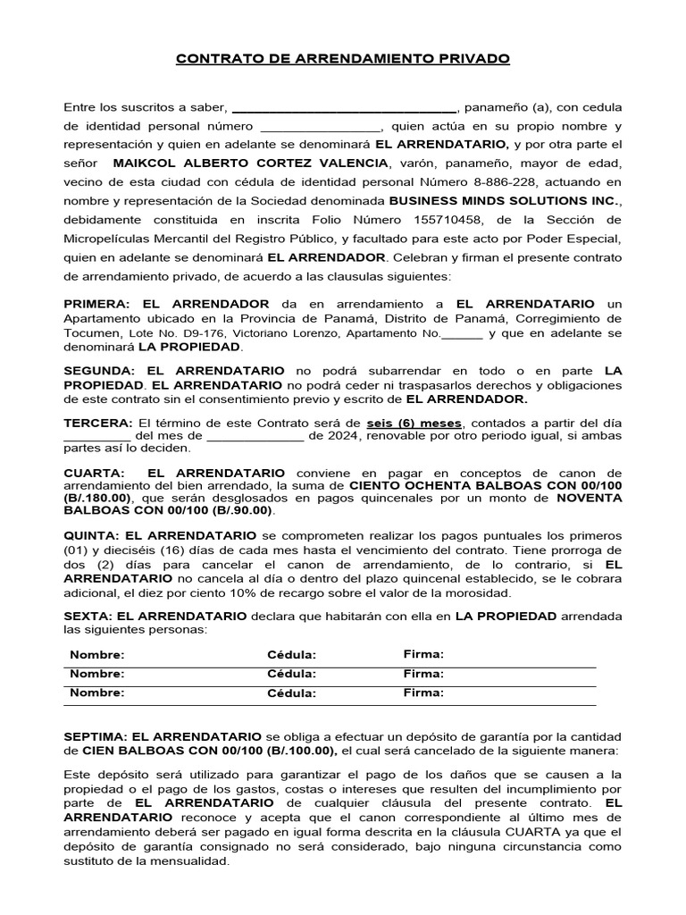 Contrato de Arrendamiento en Panamá | PDF | Propiedad | Panamá