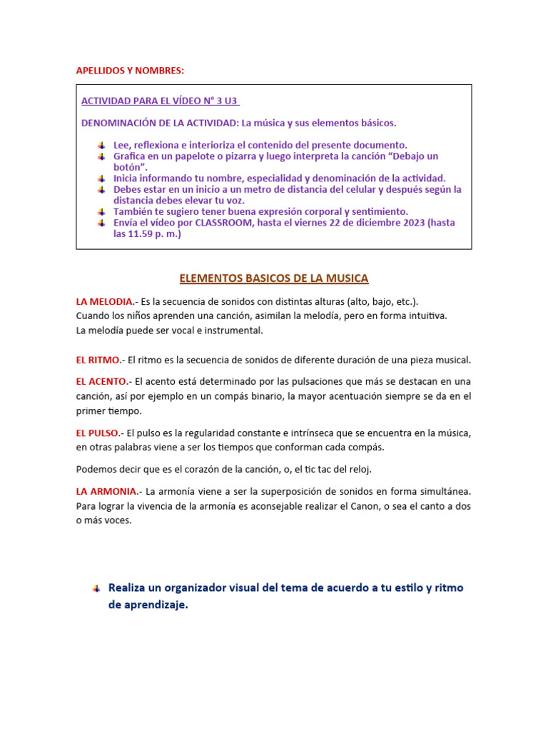 Act 3 U3 INIC VI - La Música y Sus Elementos Básicos | PDF | Ritmo | Canciones