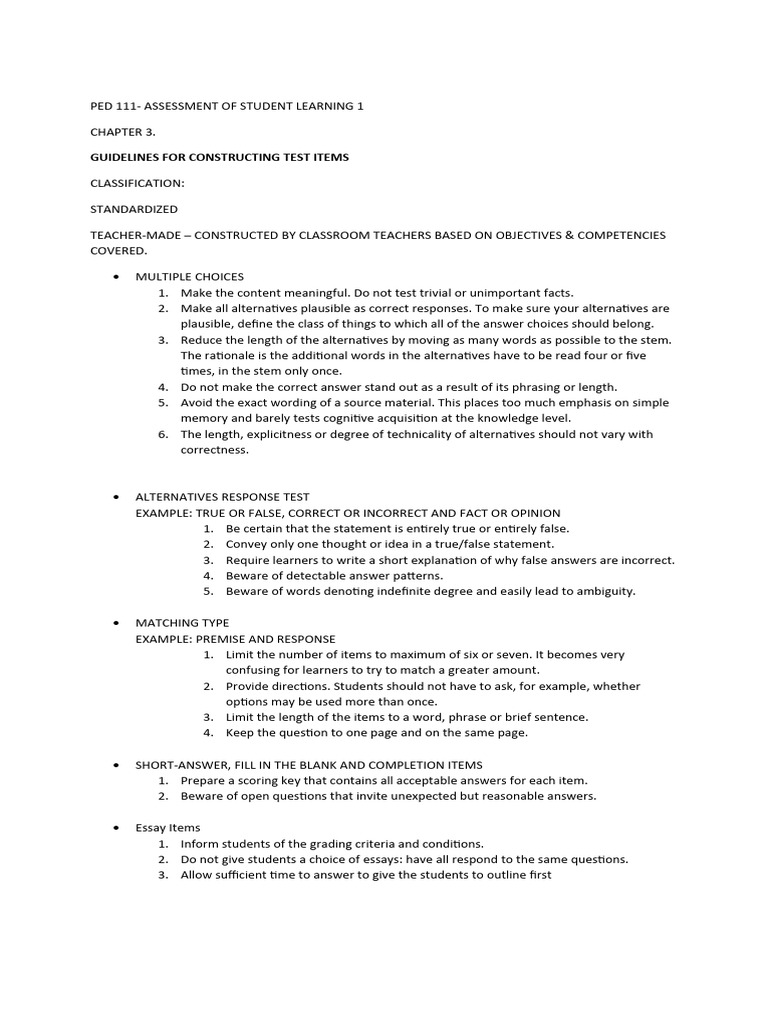 Guidelines for Constructing Test Items | PDF | Cognition | Cognitive ...