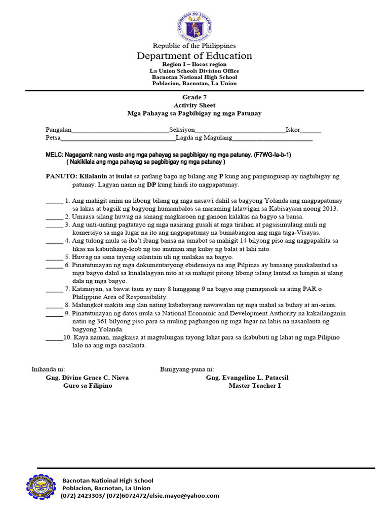 Activity SHeets (pahayag sa pagbibigay ng patunay) | PDF