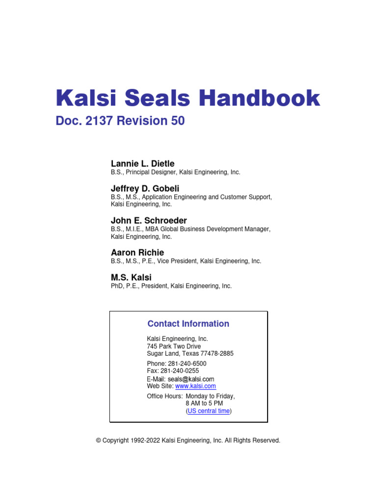 Front Matter Kalsi Seal Handbook | PDF | Legal Liability | Implied Warranty