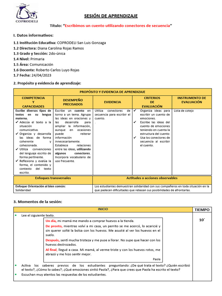 Sesión de Aprendizaje Lunes 24 de Abril Escribimos Un Cuento Utilizando Conectores de Secuencia ...