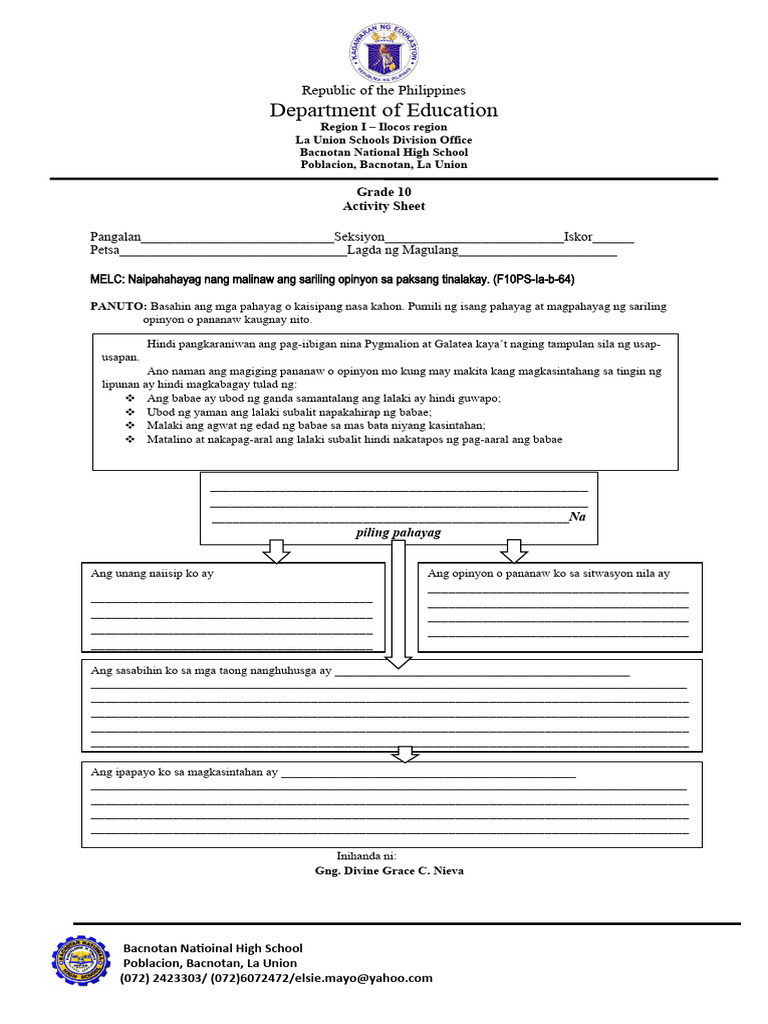 Activity SHeets Grade 10 2021 | PDF