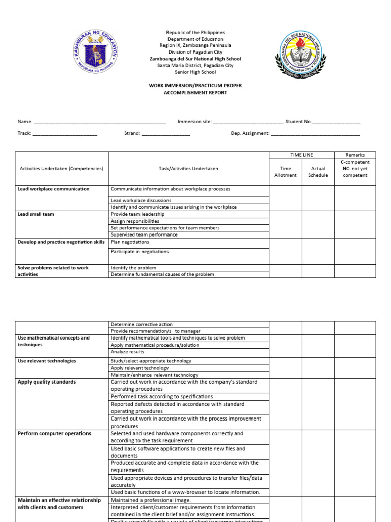 ZSNHS SHS Training Matrix For Immersion Practicum Apprenticeship ...