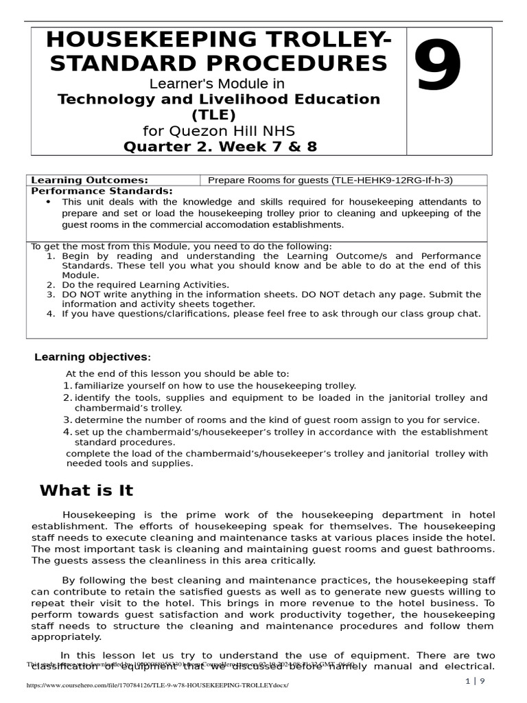 Tle 9 w78 Housekeeping Trolley | PDF | Housekeeping | Learning