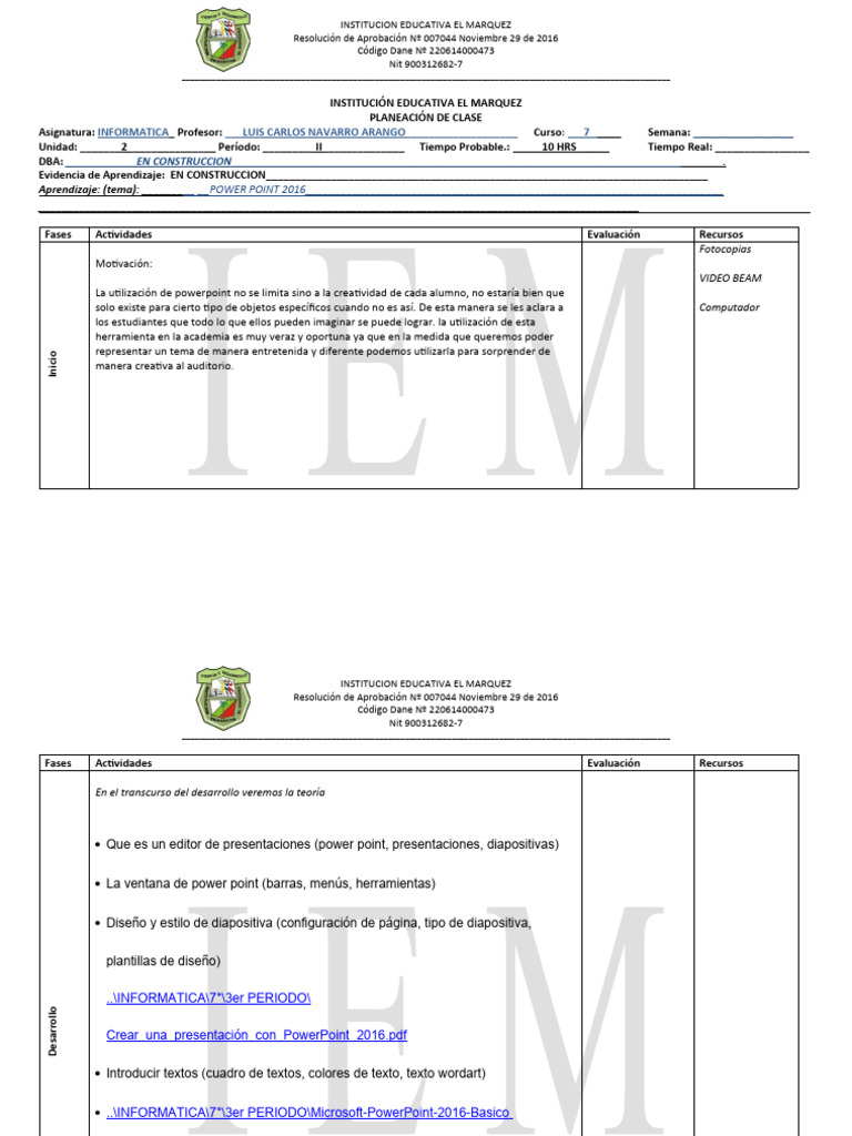 Plan de Aula Informatica 7 Grado (Power Point) | PDF | Microsoft ...