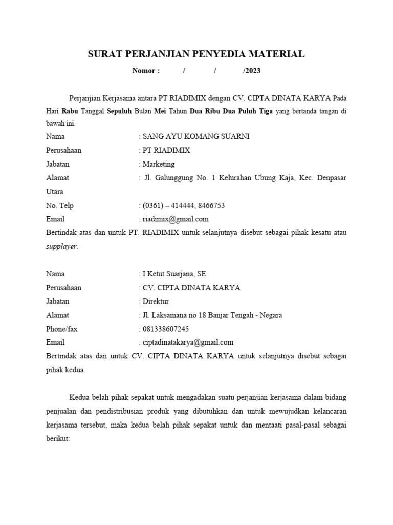 Surat Perjanjian Pengadaan Barang (U-Ditch 60x60x120) | PDF | Hukum