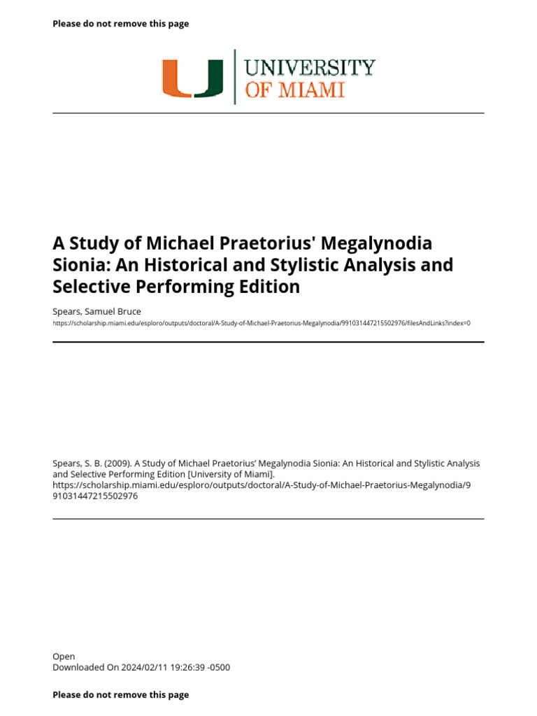 A Study of Michael Praetorius Megalynodia Sionia - An Historical | PDF