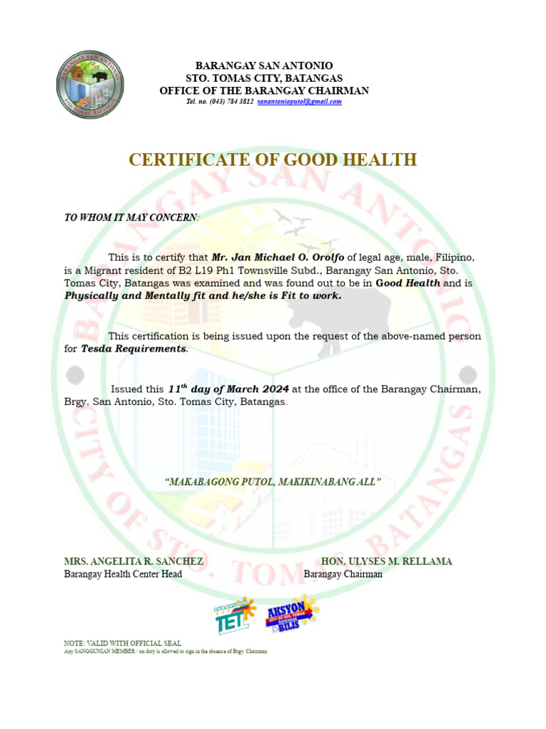 Certificate of Good Health | PDF