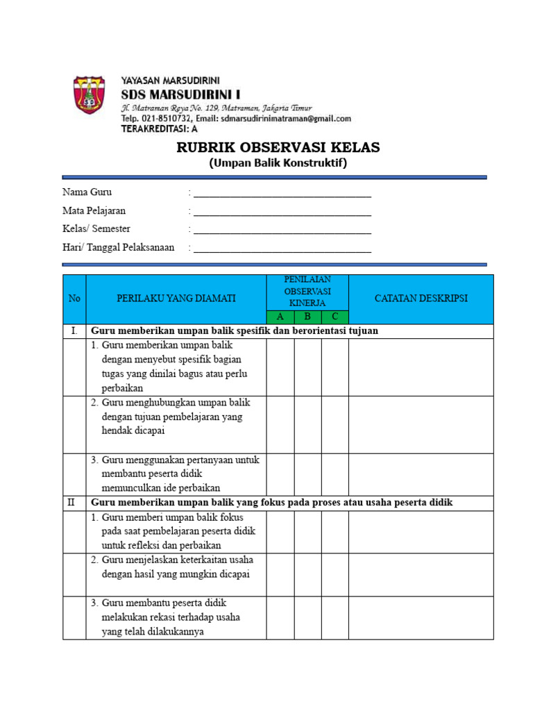 Rubrik Umpan Balik Konstruktif Kelas | PDF