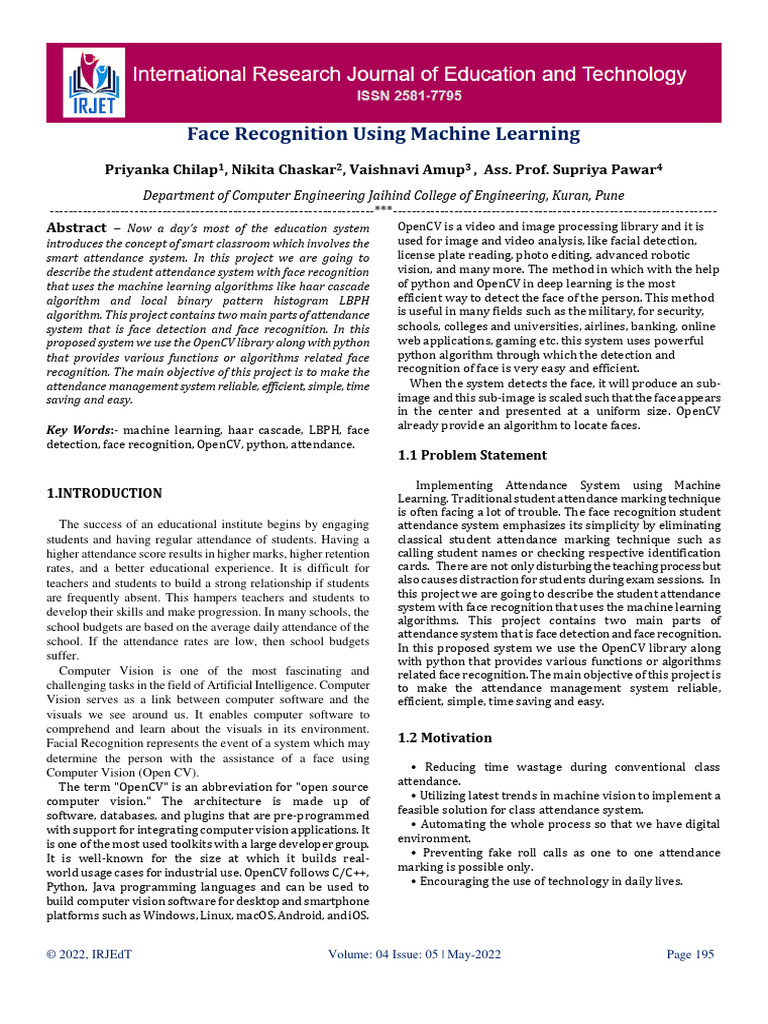 Face Recognition Using Machine Learning Pdf Computer Vision