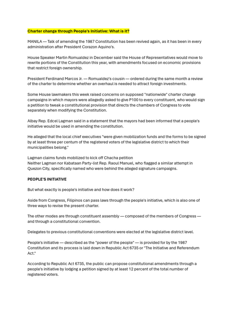 Charter Change Through People | PDF | Constitutional Amendment ...