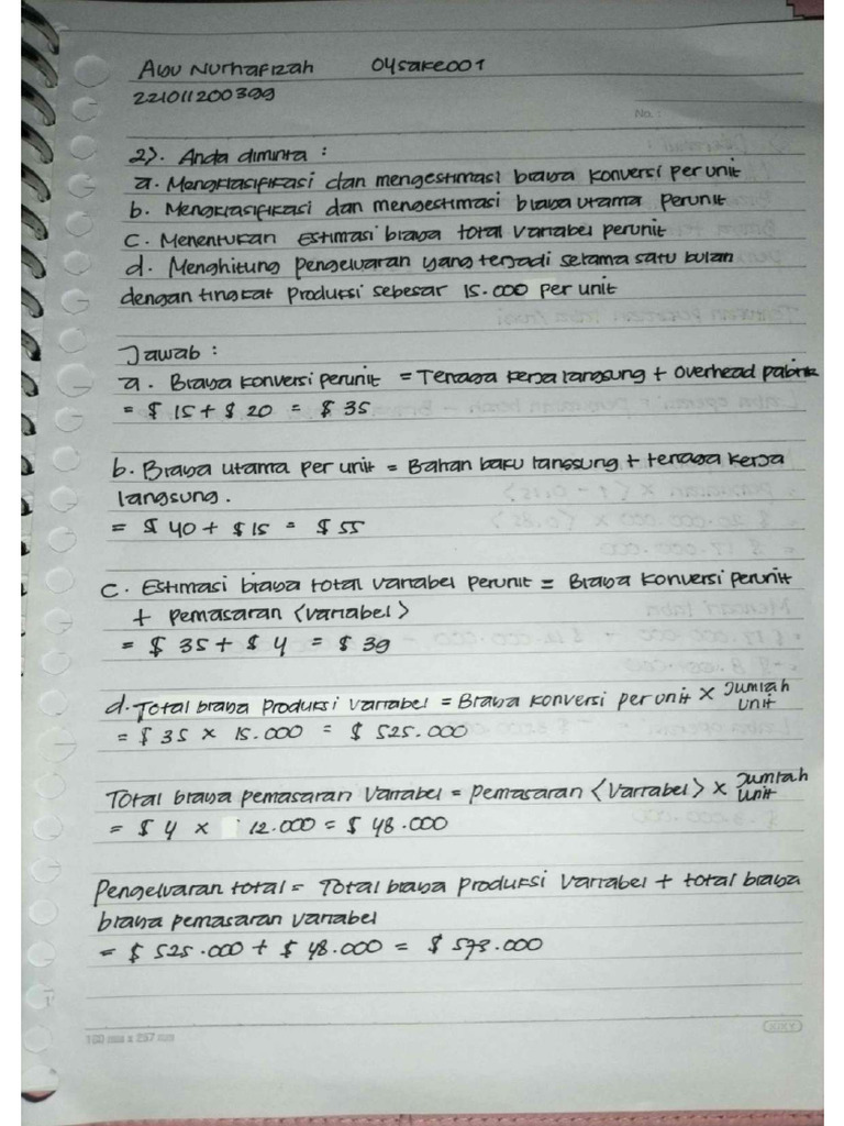 JAWABAN SOAL NO 2 - Ayu Nurhafizah - Akuntansi Biaya - Pert 2 | PDF