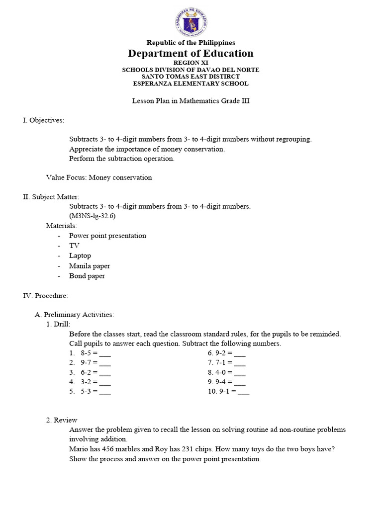 Lesson Plan in Mathematics Grade III | PDF | Subtraction | Behavior Modification