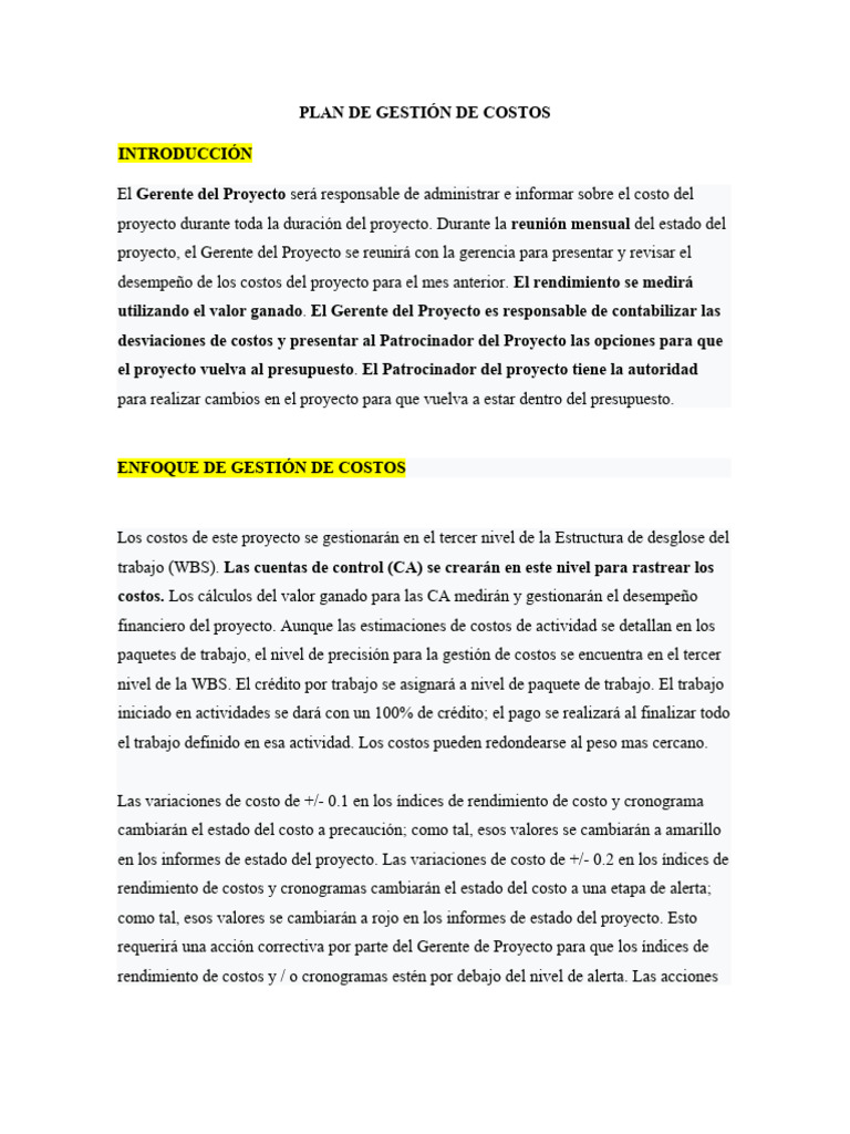 Plan de Gestión de Costos del Proyecto | PDF | Presupuesto